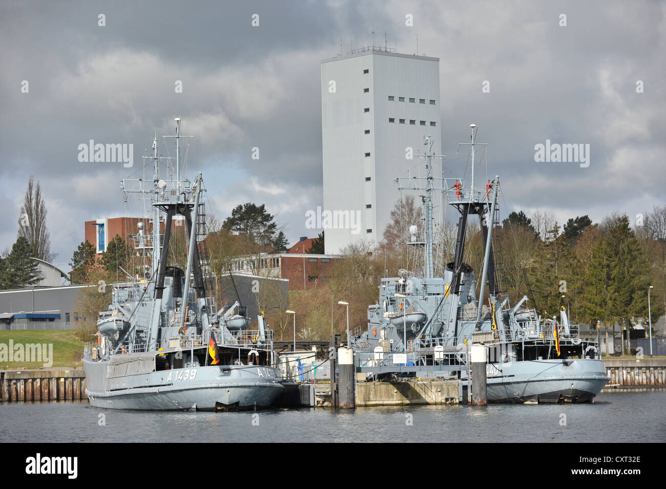 Diving tower and Navy ships at the naval base at Neustadt in Holstein ...