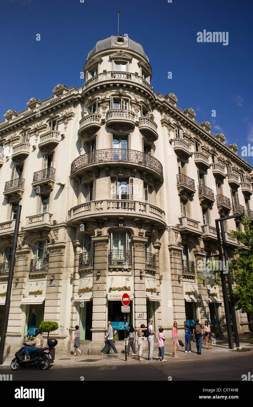 Corner building, Art Nouveau, shopping street, Granada, Andalusia ...