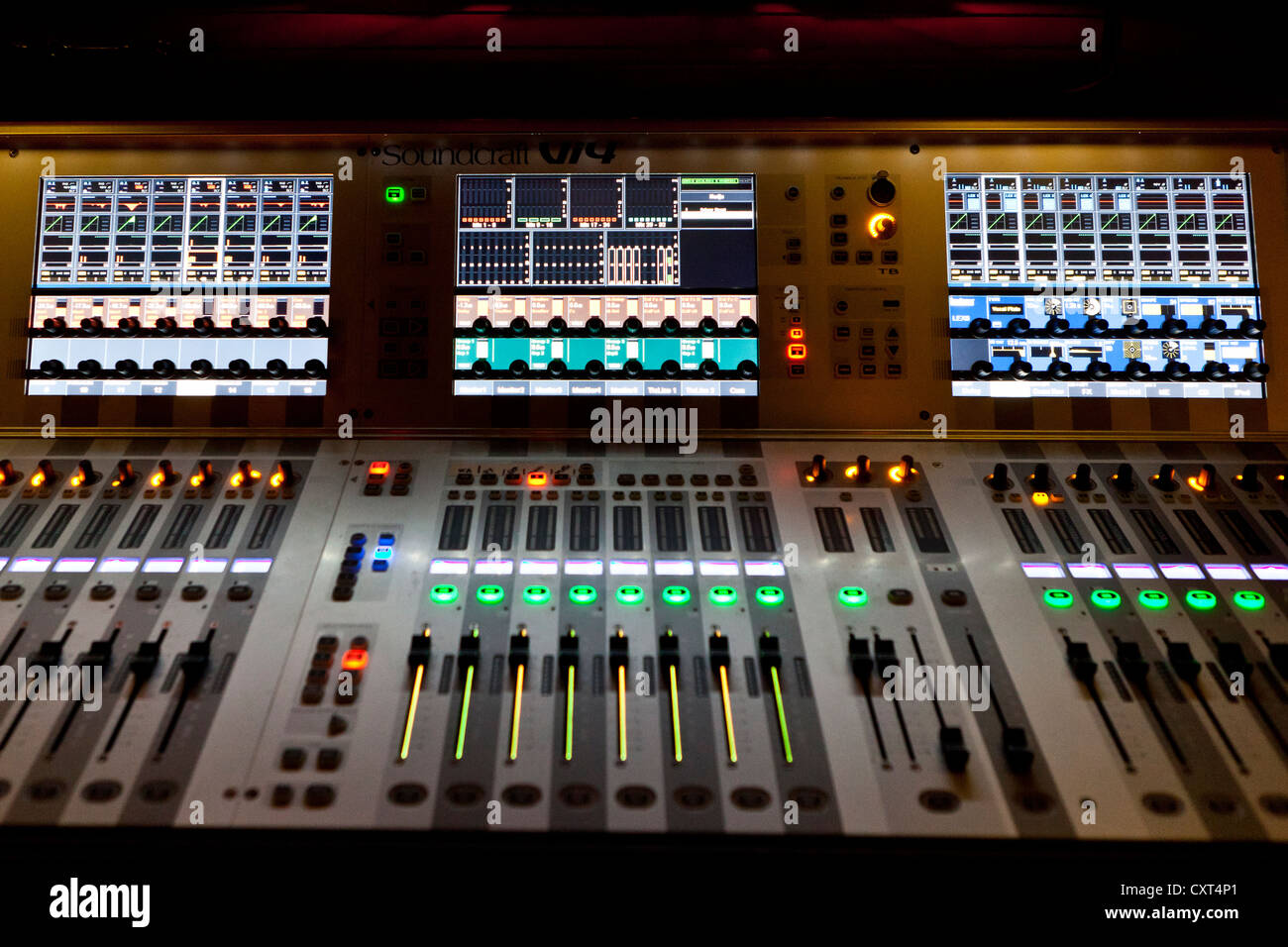 Mixer console with controls, switches and lights Stock Photo - Alamy