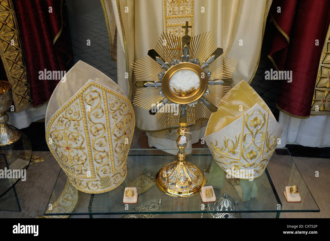 Display window with items for church dignitaries, Rome, Italy, Europe ...