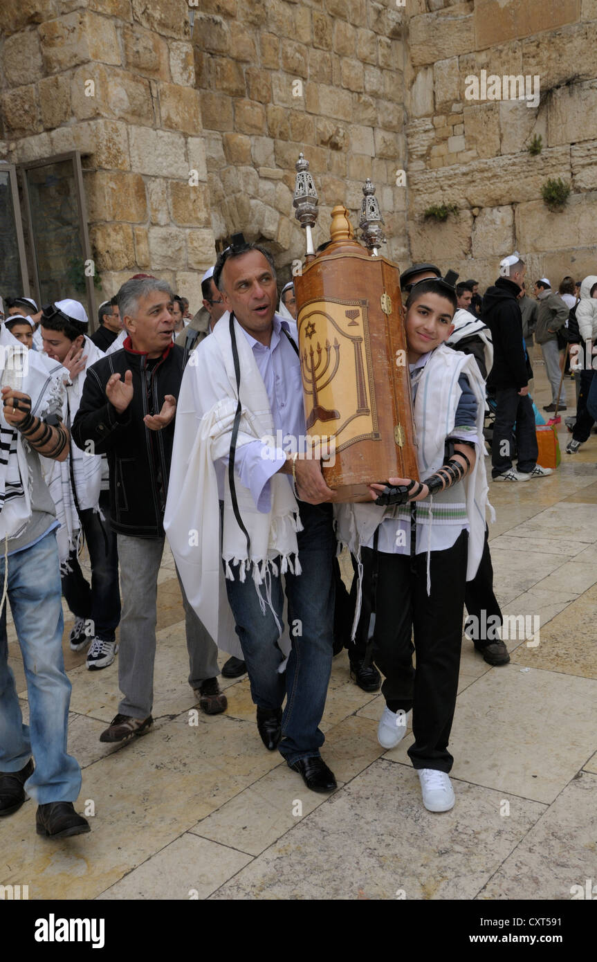 Orthodox Jews carrying a Torah scroll, Jerusalem, Israel, Middle East ...