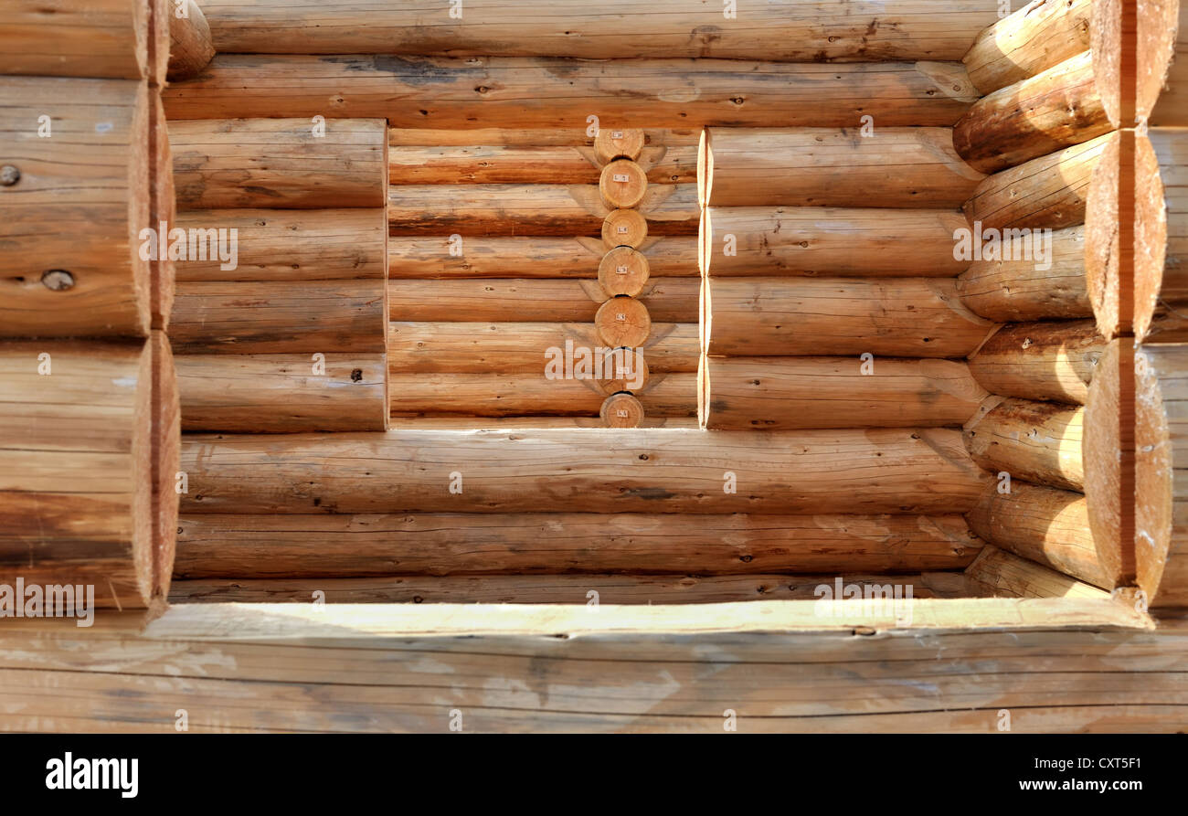 inside a log chalet wood during assembly Stock Photo - Alamy