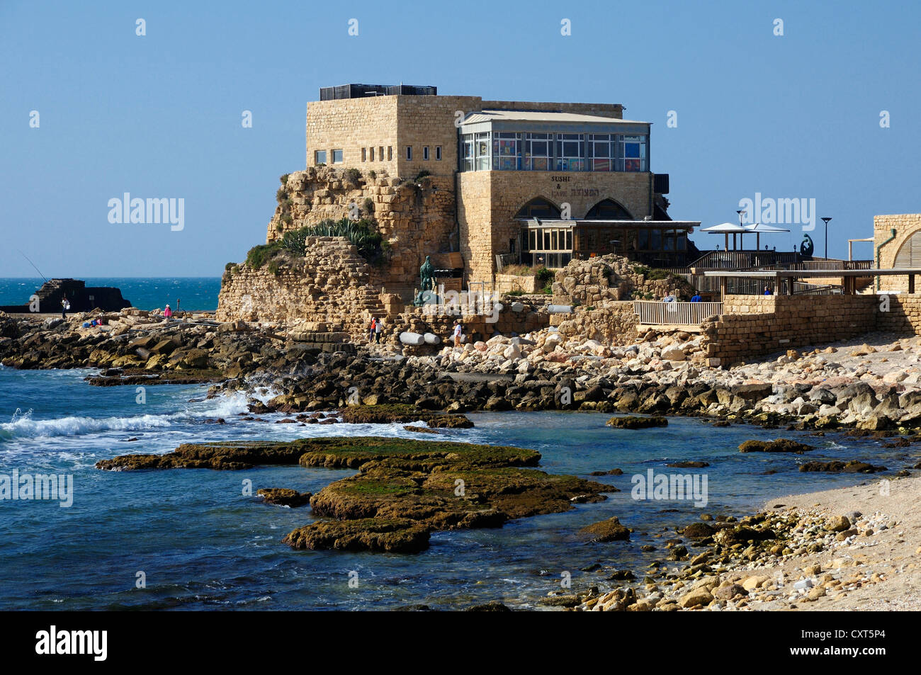 Restaurant on the remains of a Crusader citadel, Caesarea, Israel ...