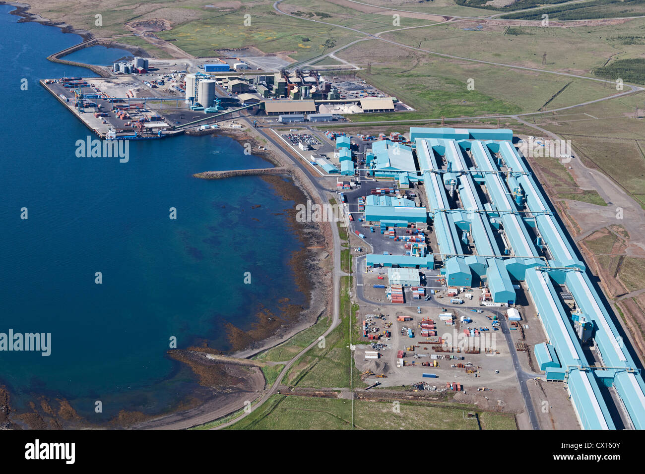 Aerial view, aluminum factory, smelting plant, port on the west coast ...