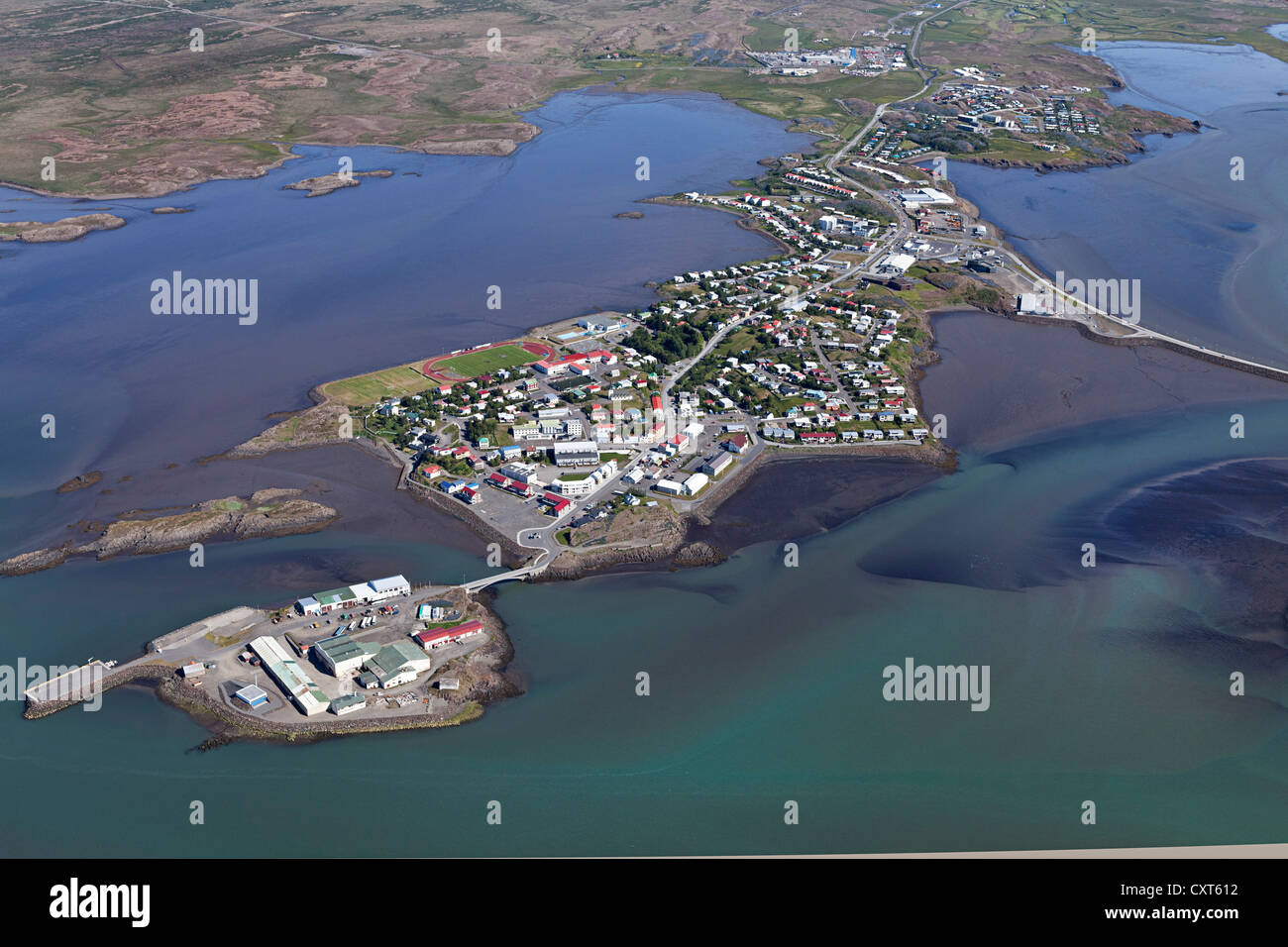 Aerial view, city of Borgarnes on a peninsula in Borgarfjoerdur ...