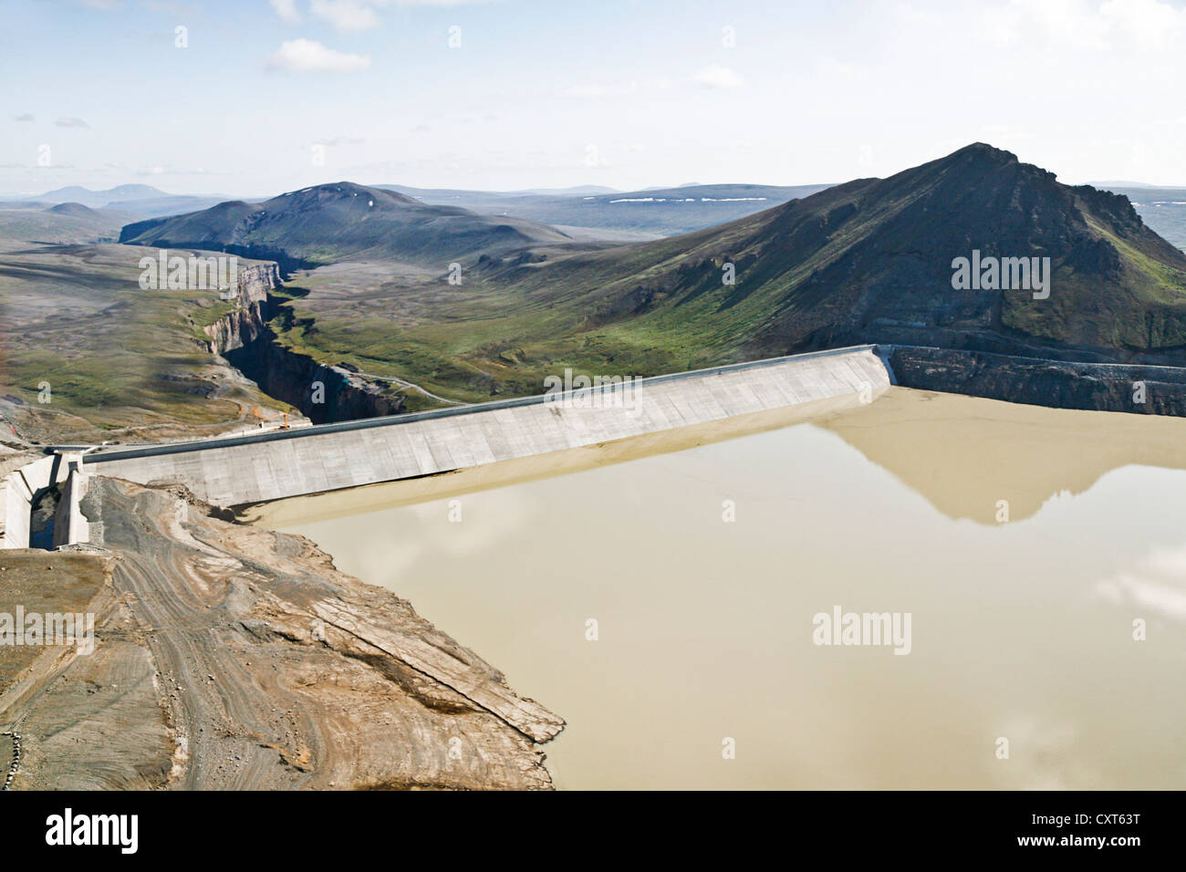 The Karahnjukar gorge, the dam and the reservoir of the hydroelectric ...