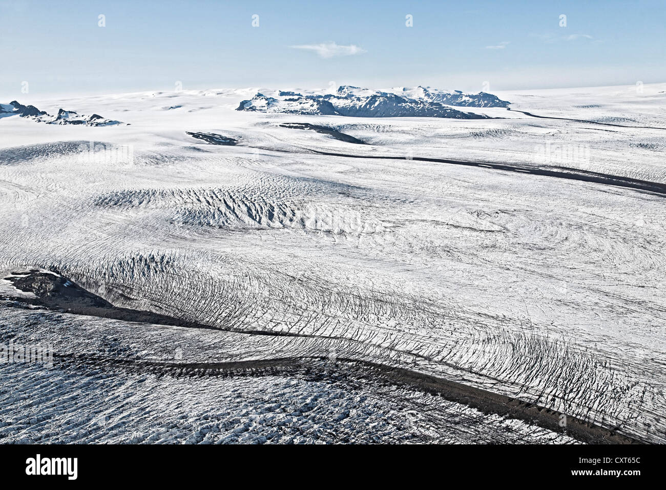 Aerial view, lines and structures consisting of ice, snow, volcanic ash ...