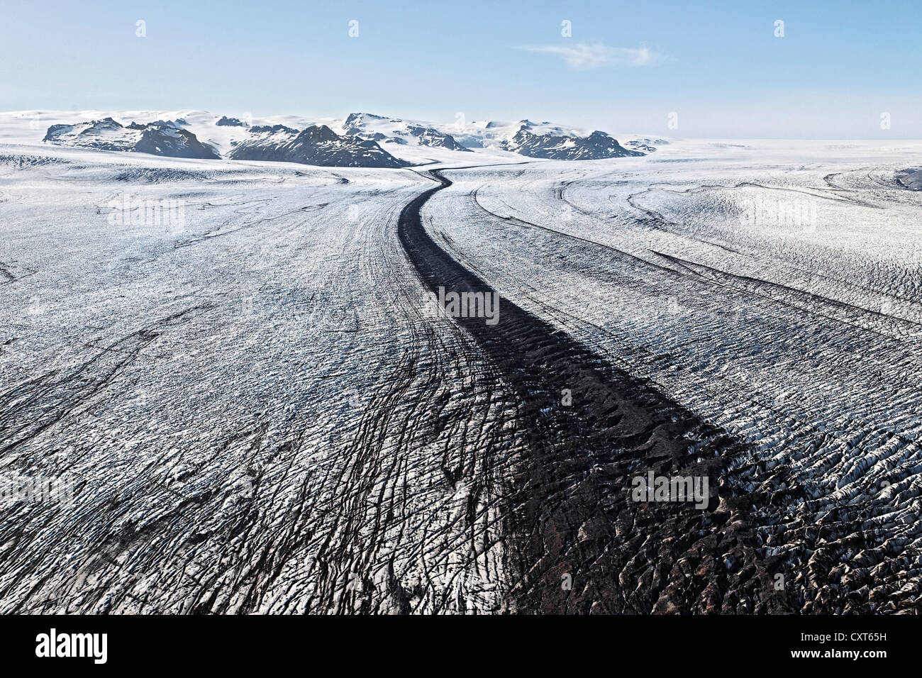 Aerial view, lines and structures consisting of ice, snow, volcanic ash ...