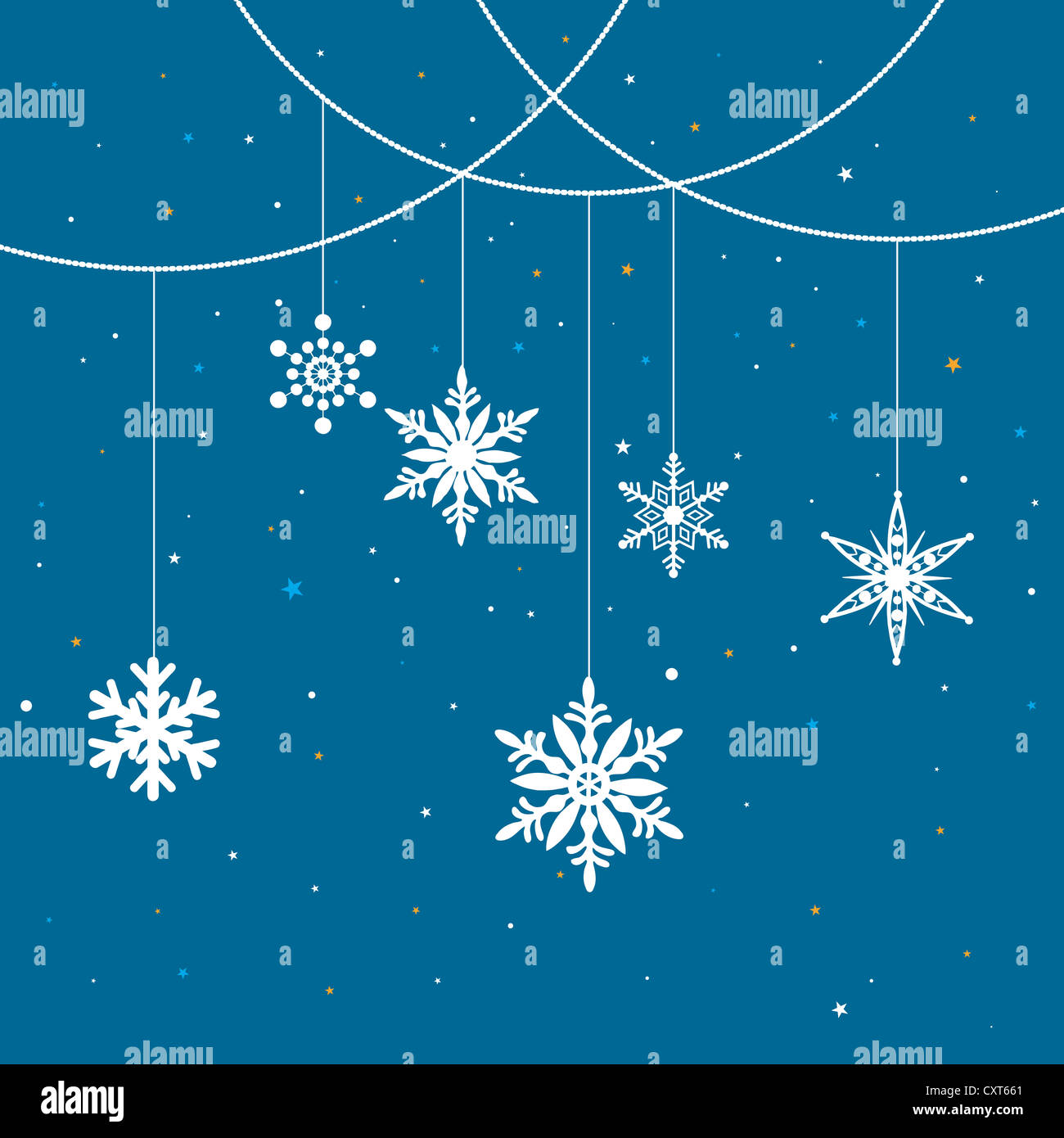 Vector blue background of hanging christmas-themed snowflakes Stock ...