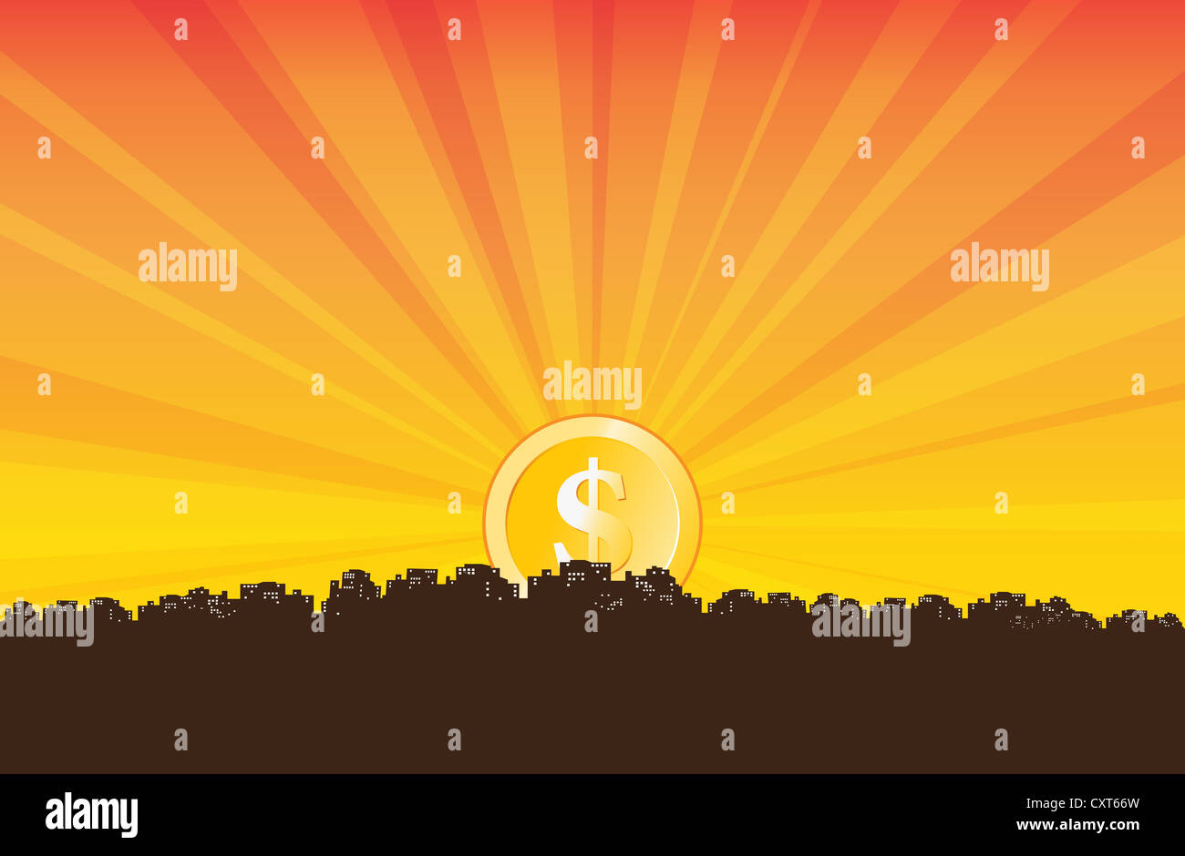 Vector dollar coin rising behind the city horizon Stock Photo - Alamy