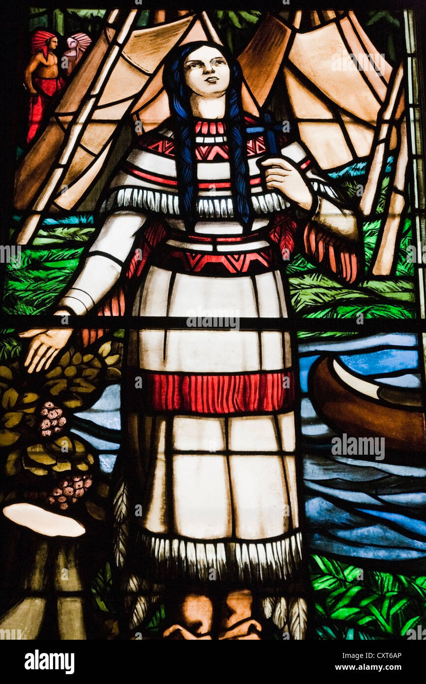 Stained glass window depicting a native woman, Notre-Dame Basilica, Old ...