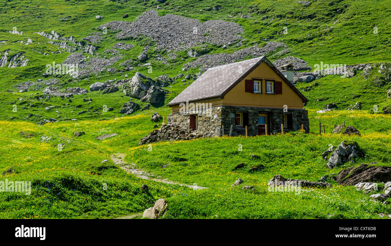 Hut at Meglisalp mountain pasture, Alpstein range, Canton of St Gallen ...