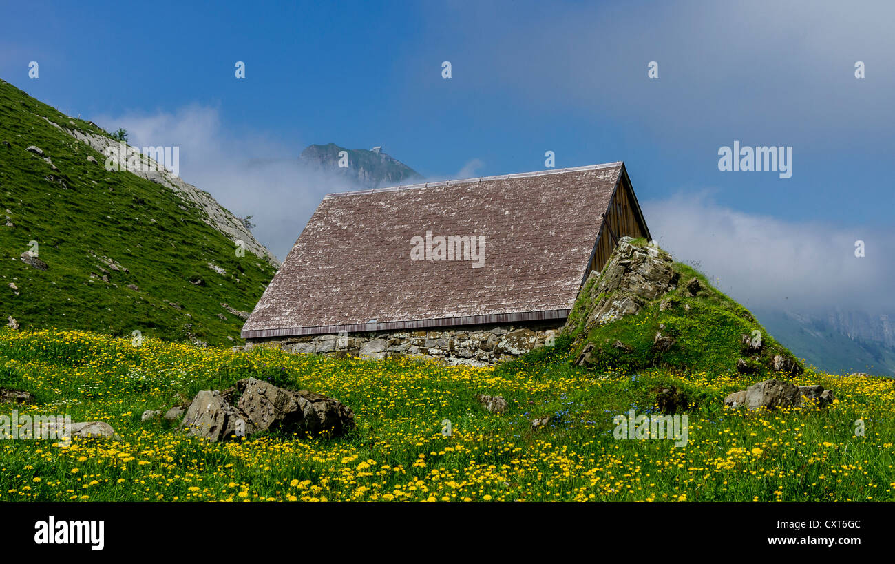 Hut at Meglisalp mountain pasture, Alpstein range, Canton of St Gallen ...
