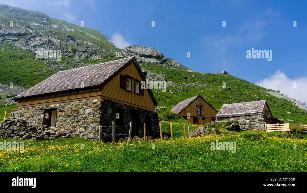 Huts at Meglisalp mountain pasture, Alpstein range, Canton of St Gallen ...
