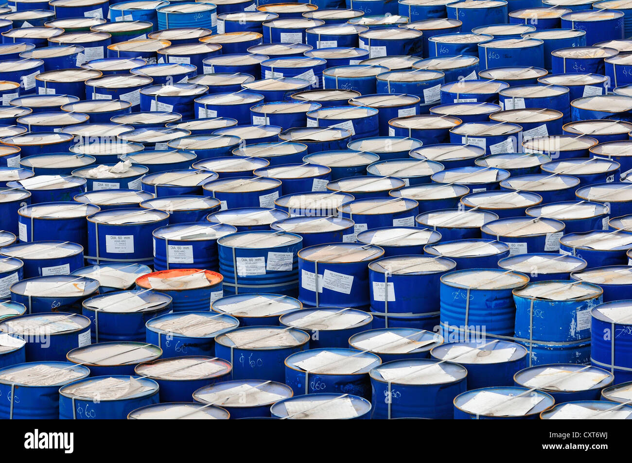 Barrels ready for transportation in the port, Piombino, Tuscany, Italy ...