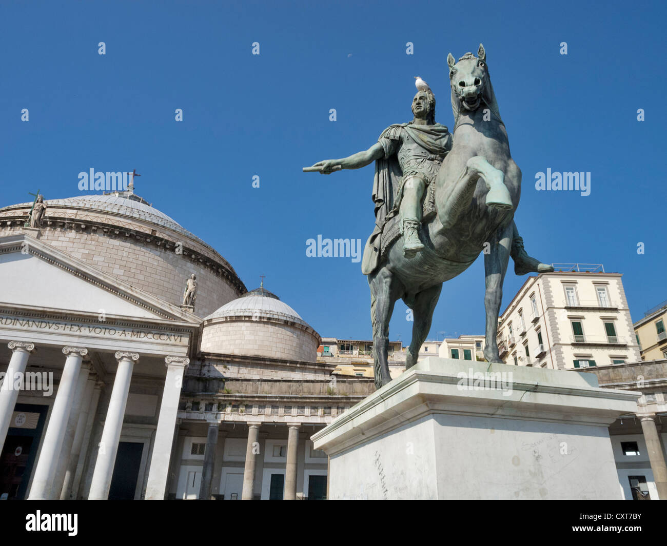 Statue on Piazza del Plebiscito, Naples, Italy in front of Basilica ...