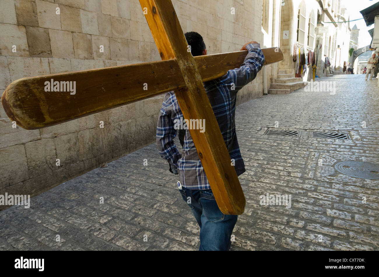 Wooden crosses being carried back to starting point. Way of the Cross ...