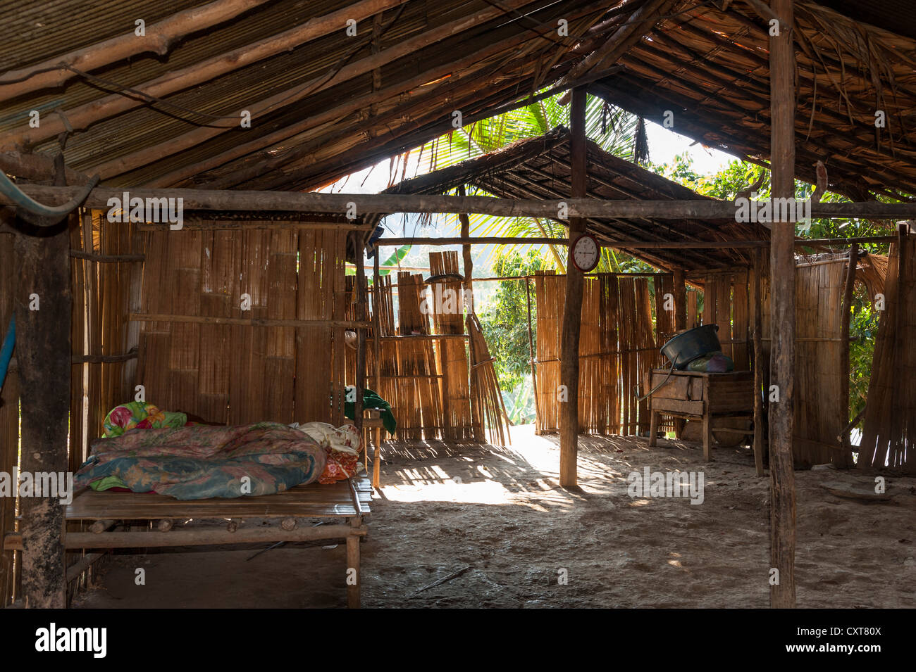 Living room in a bamboo hut, village of hill tribe people, Hmong people ...
