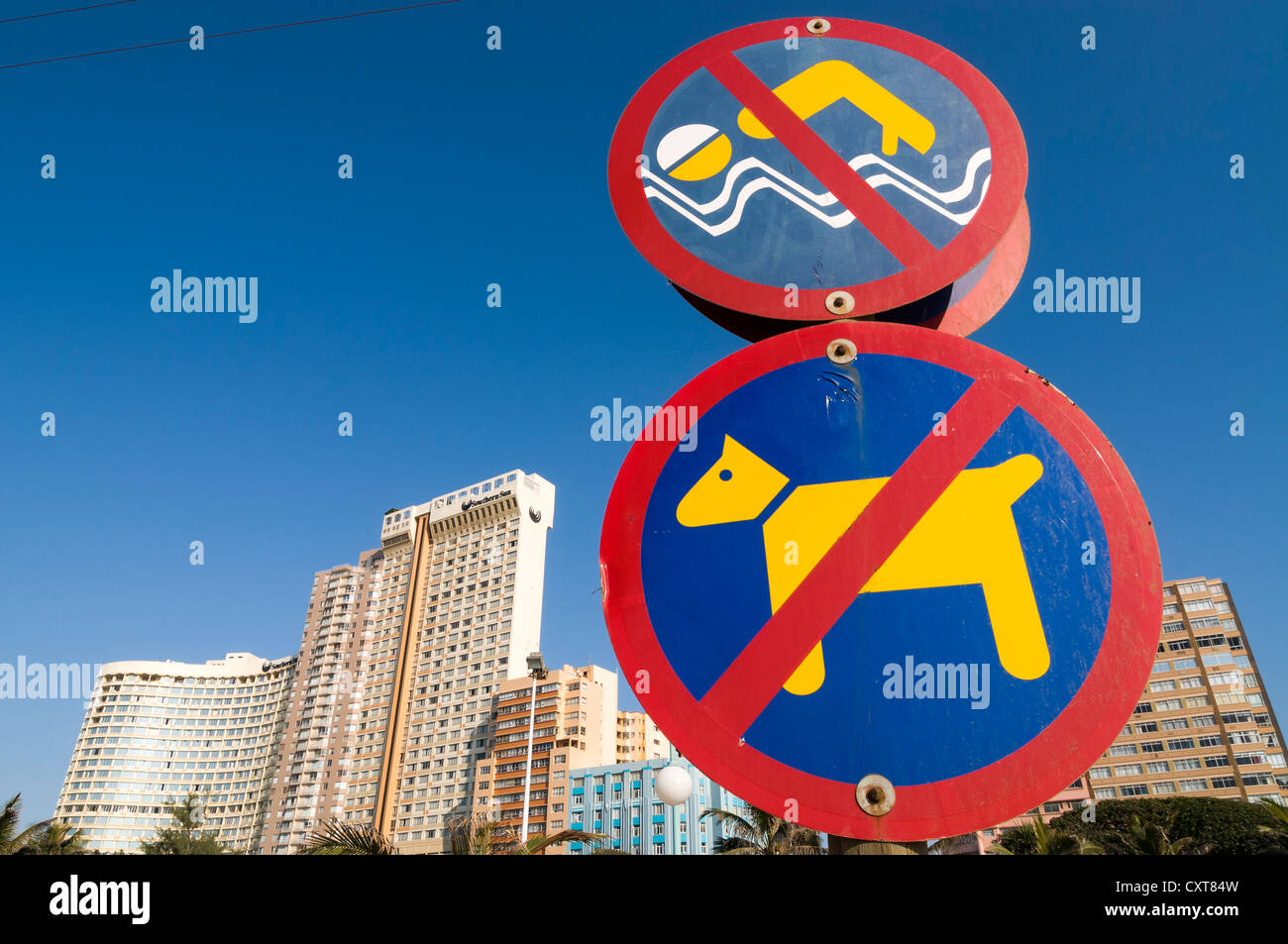 Street signs, pictograms of a swimmer and a dog, Durban, KwaZulu-Natal ...