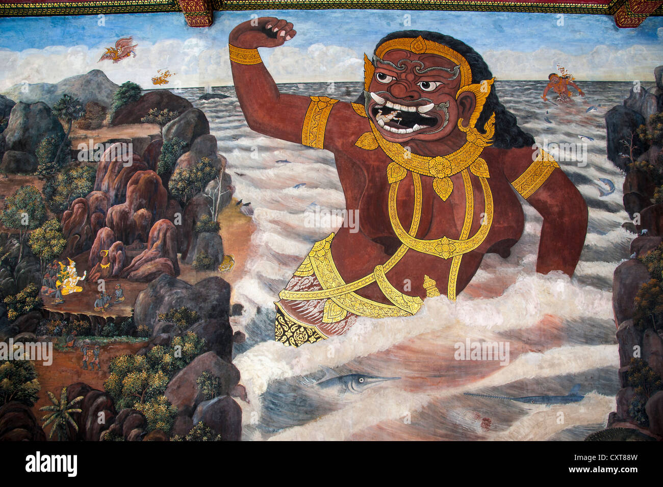 Ramakien murals in the Phra Rabieng gallery, detail view, Wat Phra Kaeo ...