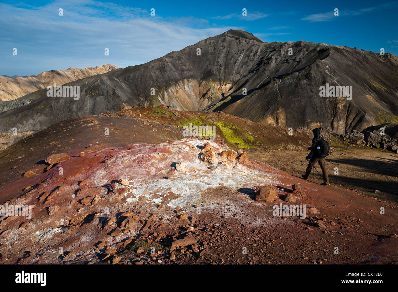 Female hiker, sulphur and limestone fields, Bláhnúkur volcano and ...