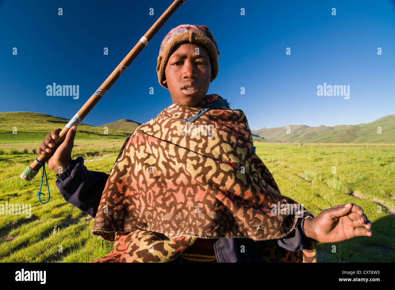Young Basotho man wearing a traditional costume, shepherd, portrait ...
