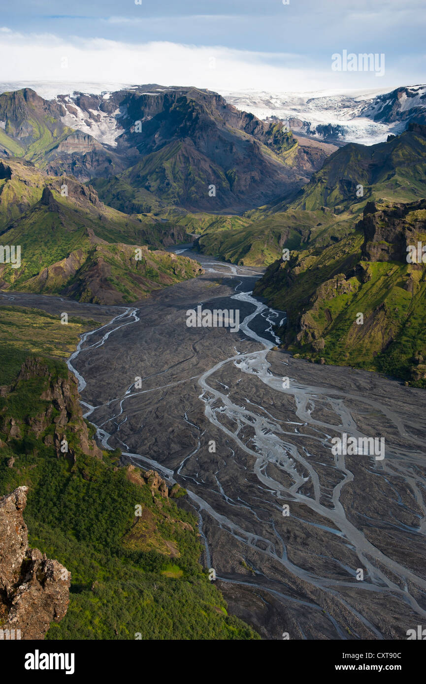 Krossá River in the valley of Þórsmoerk, Thorsmoerk, Mýrdalsjoekull ...