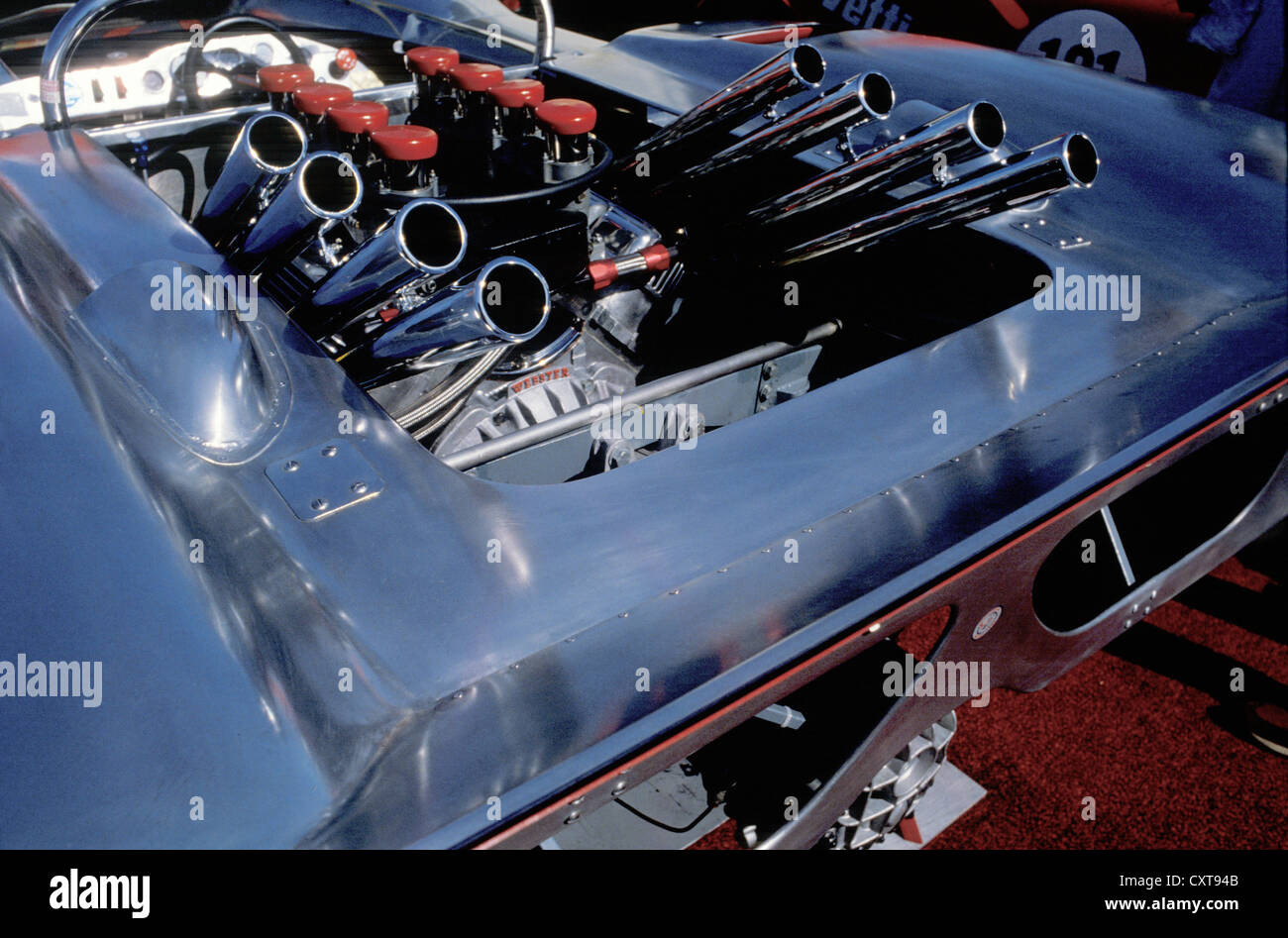 Closeup of engine bay in a vintage race car at the Monterey Historic ...