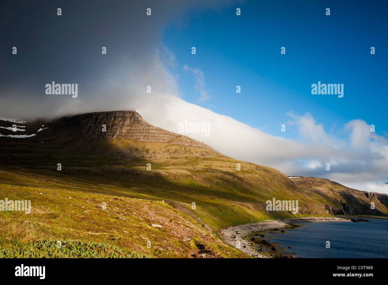 View towards the hinterland from Hornvik Bay, stone beach on the hiking ...