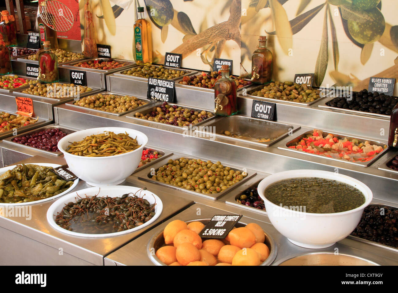 Market stall with Provencal olive products, Marseille, department of ...