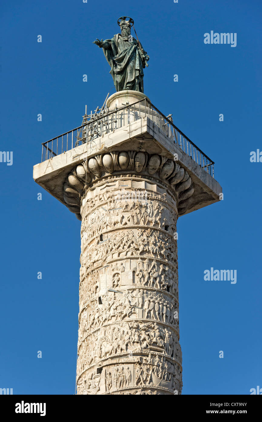 Ancient column of Marcus Aurelius with a helix relief a bronze statue ...