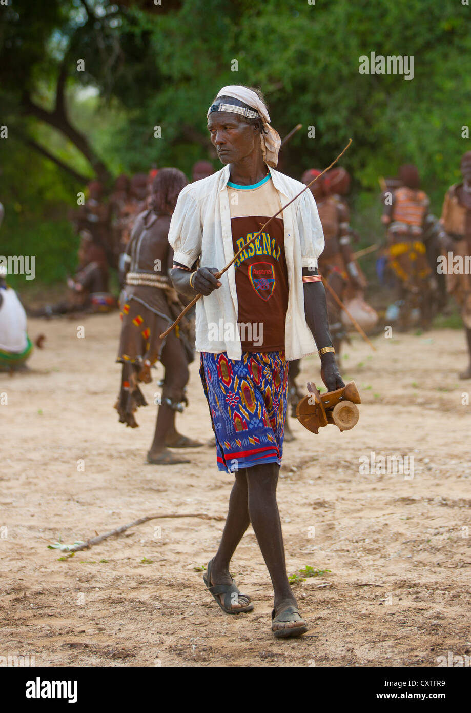 Hamar Tribe Man Holding Headrests At Bull Jumping Ceremony, Turmi, Omo ...