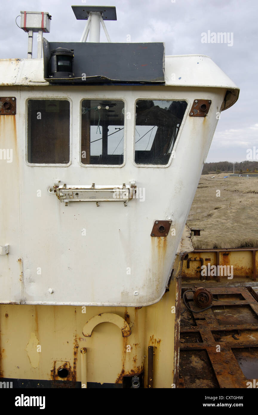 Wheelhouse of abandoned boat at Glencaple near Dumfries, Scotland Stock ...