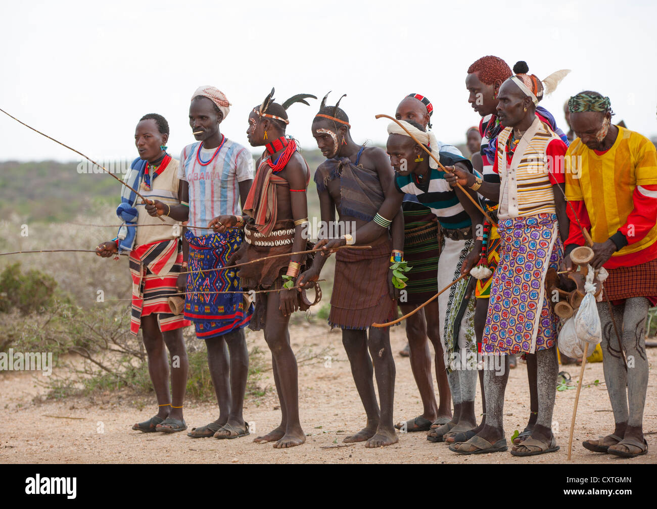 Hamar Tribe Men And Whippers At Bull Jumping Ceremony, Turmi, Omo ...