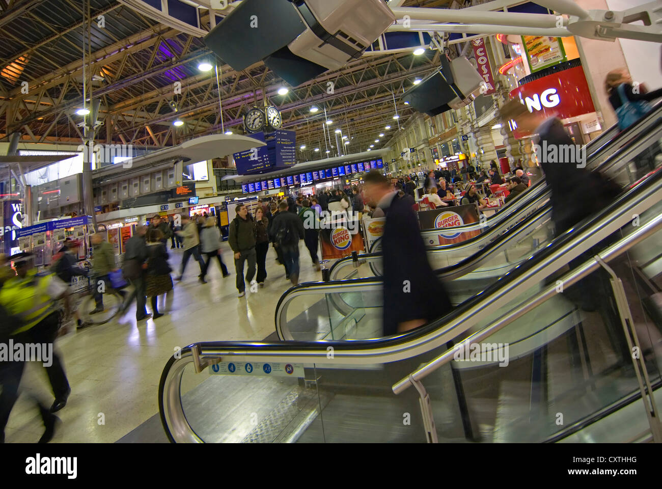 Horizontal interior wide angle of Waterloo railway station's concourse ...