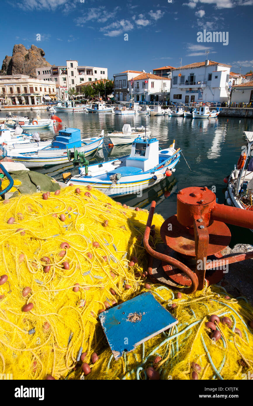 Traditional Greek fishing boats in Myrina on Lemnos, Greece, looking up ...