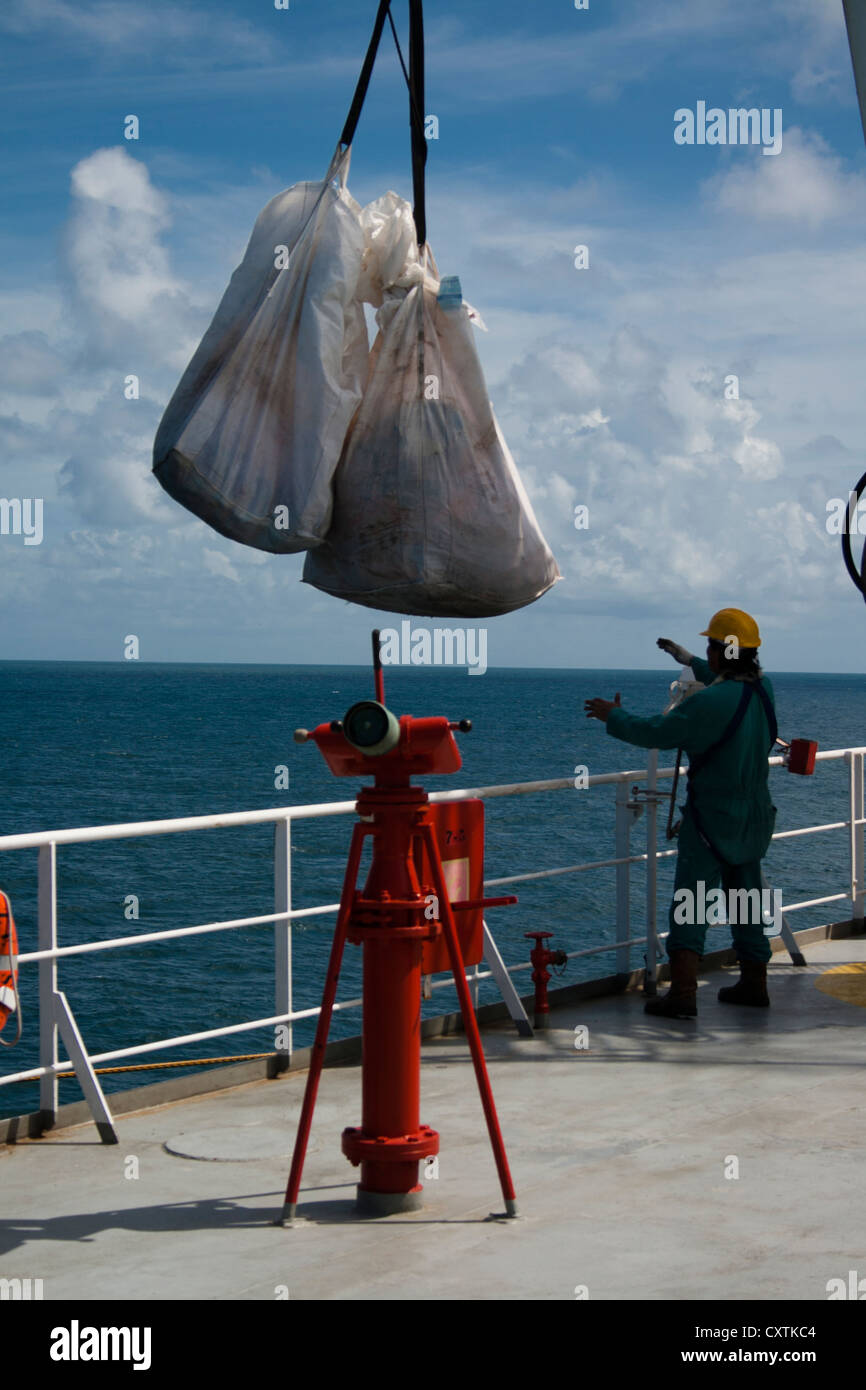 recyclable garbage transfer at CGG Alize seismic vessel. In Brazil all ...