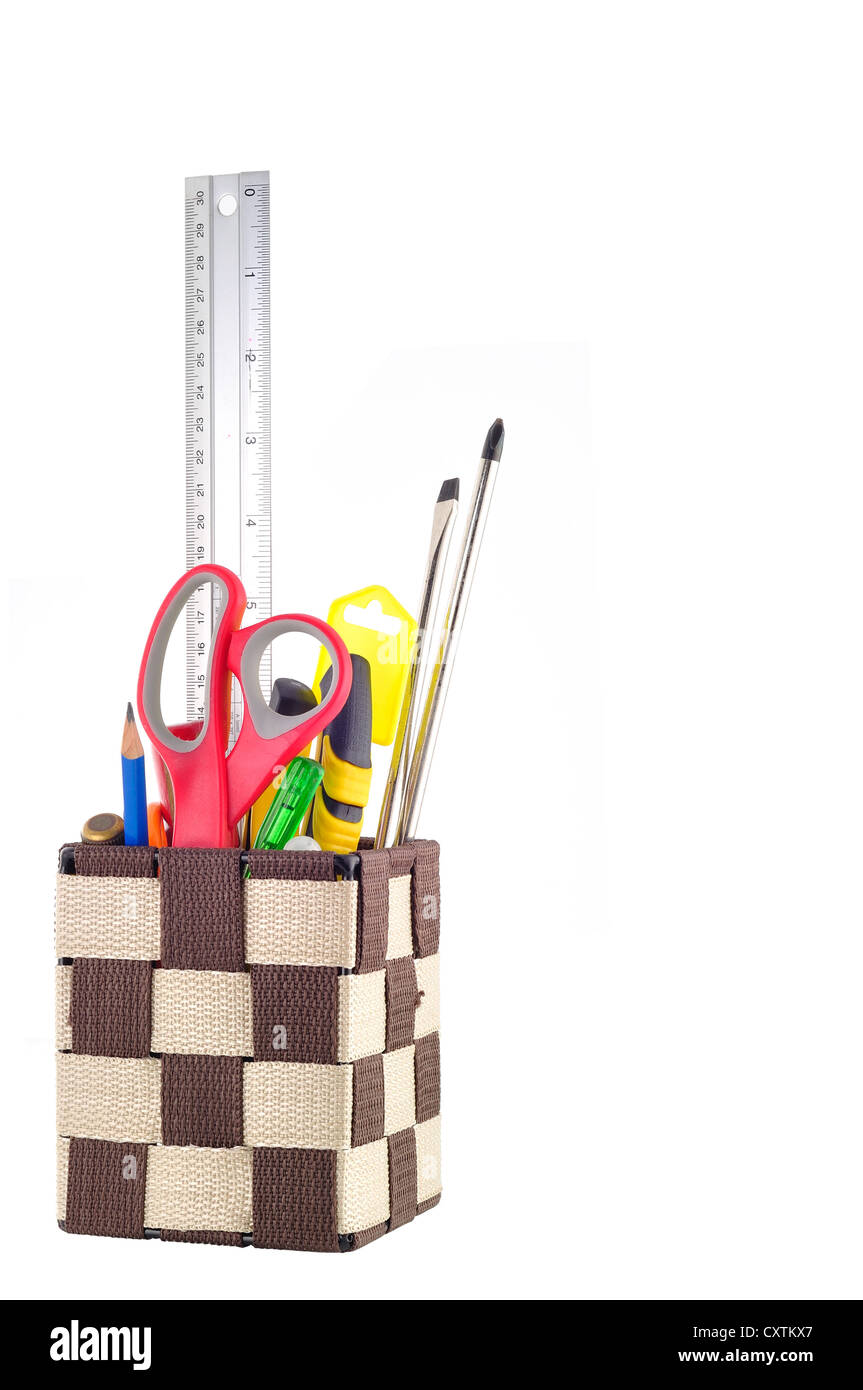 Stationery box And Tools Isolated Stock Photo - Alamy