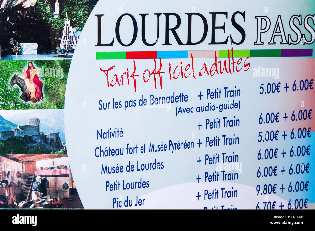 Sign for Lourdes Pass in a store in Lourdes, Hautes Pyrenees, France ...