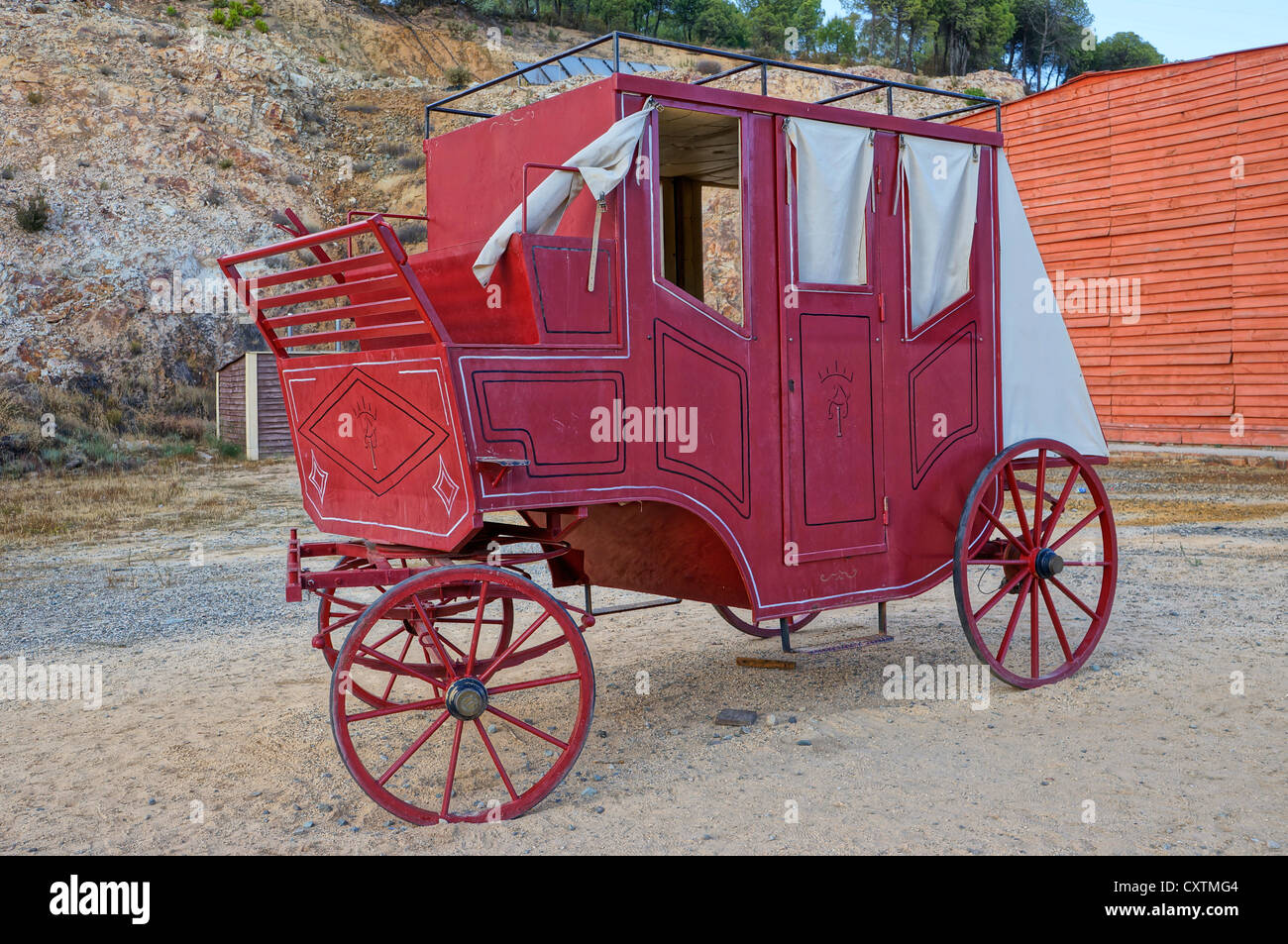 Western town, view of an western red beautiful wagon from the days of ...