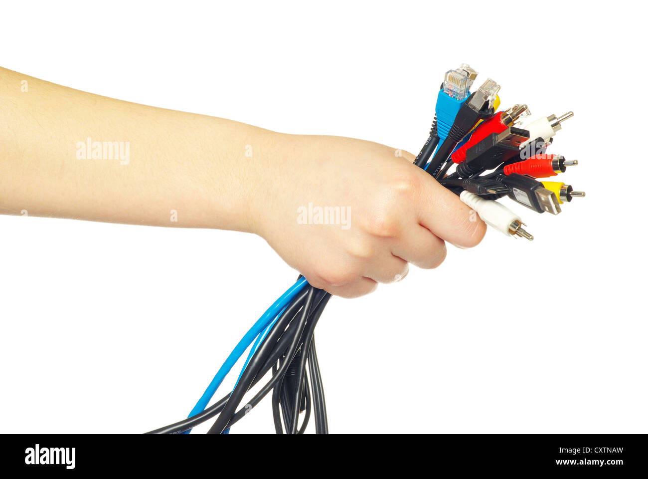 Computer cables in hand isolated on white background Stock Photo - Alamy
