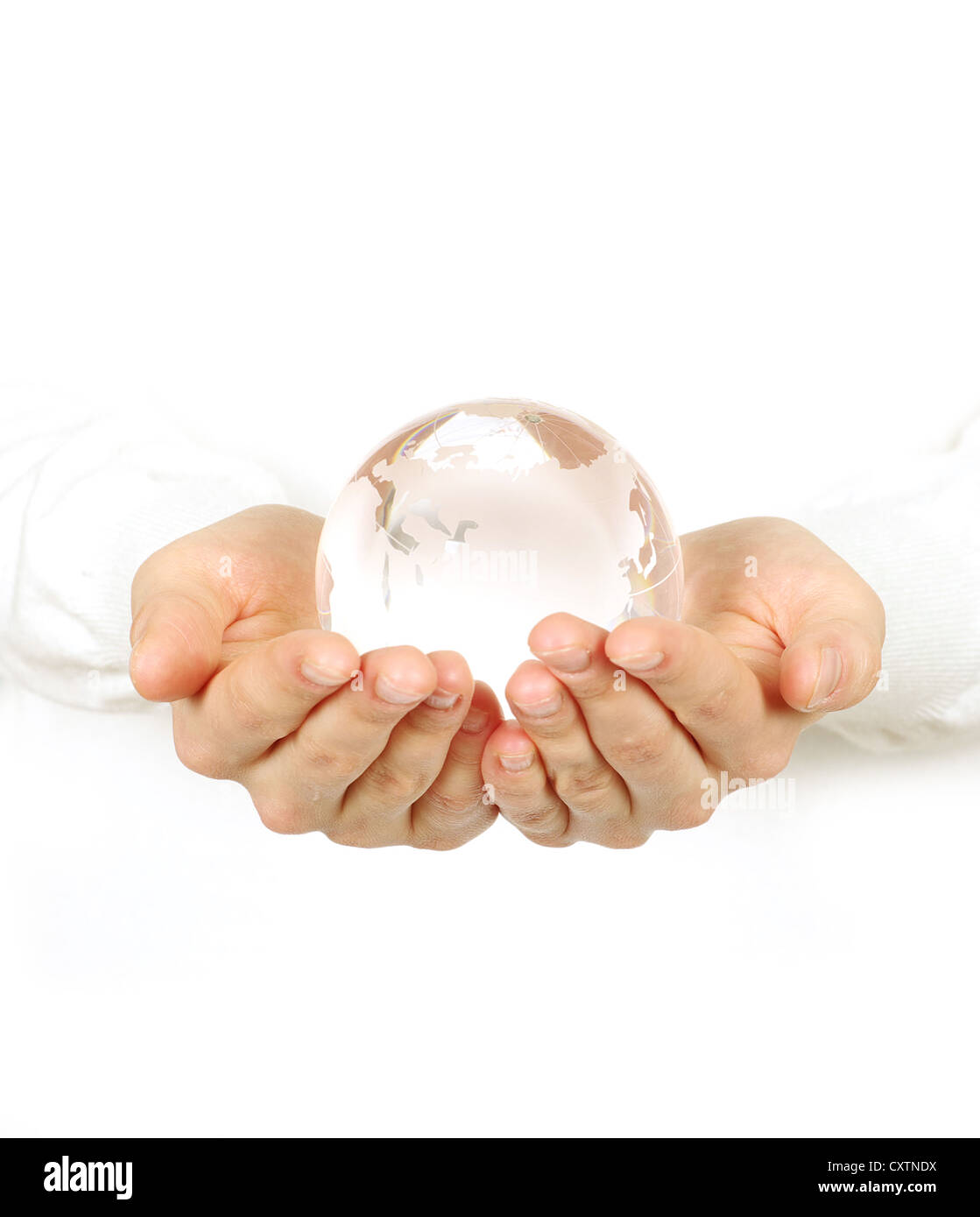 Hand on globe Cut Out Stock Images & Pictures - Alamy