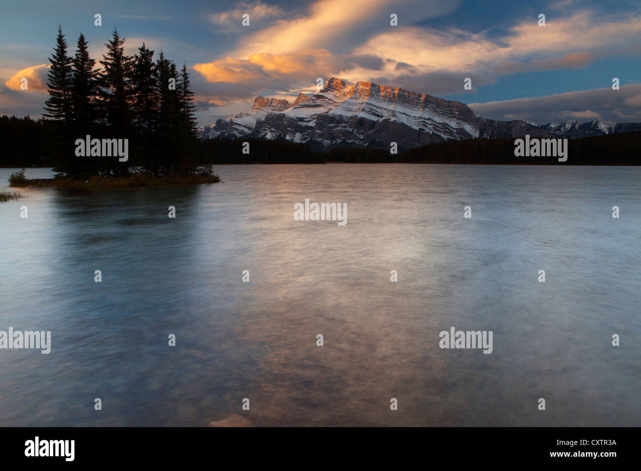 First light during sunrise at Two Jack Lake, Banff, Canada Stock Photo ...