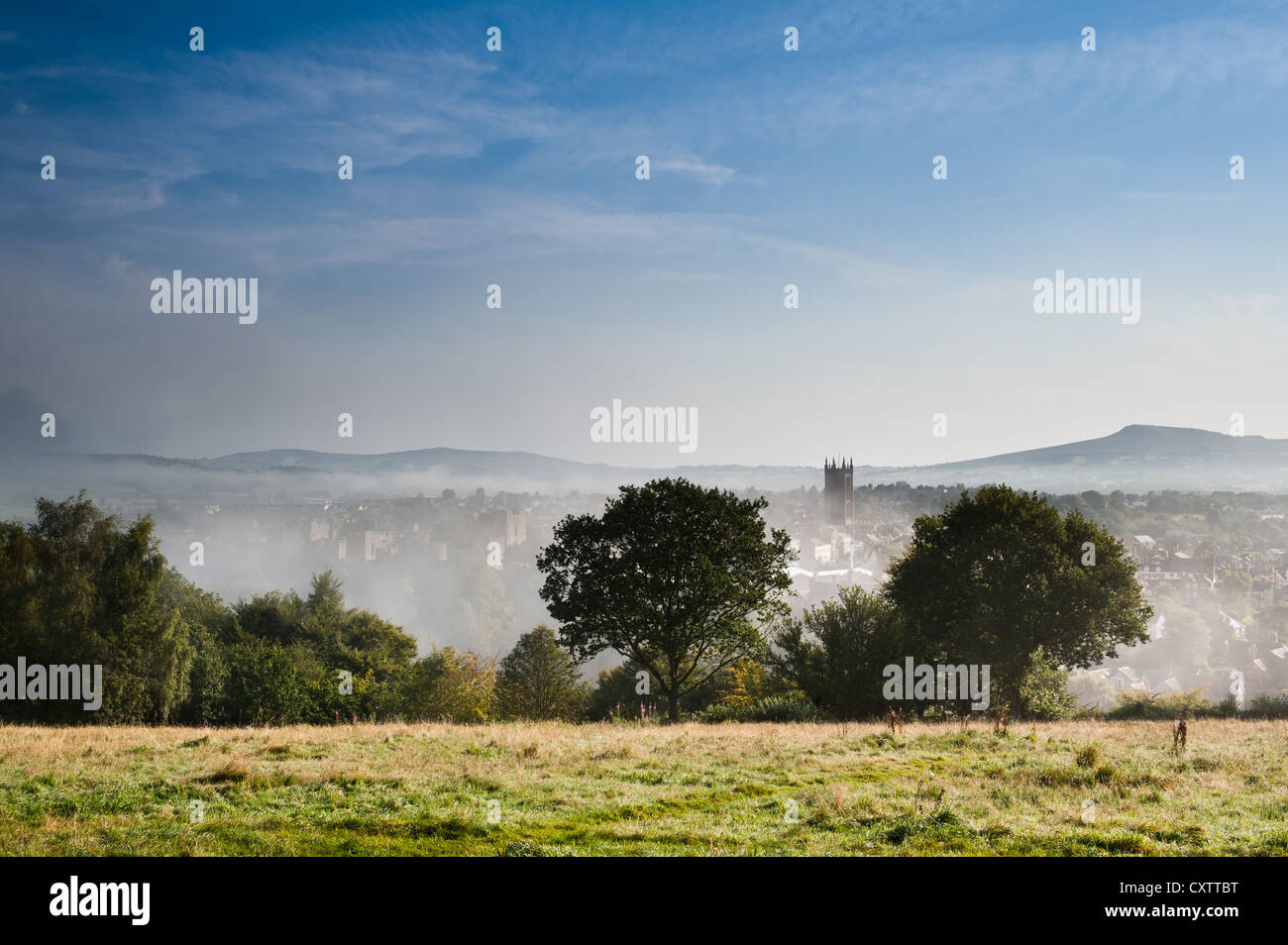 Misty Dawn, Ludlow, Shropshire Stock Photo - Alamy