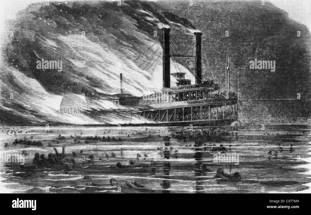 Explosion of the steamer SULTANA, April 28, 1865 Burning steamer with ...