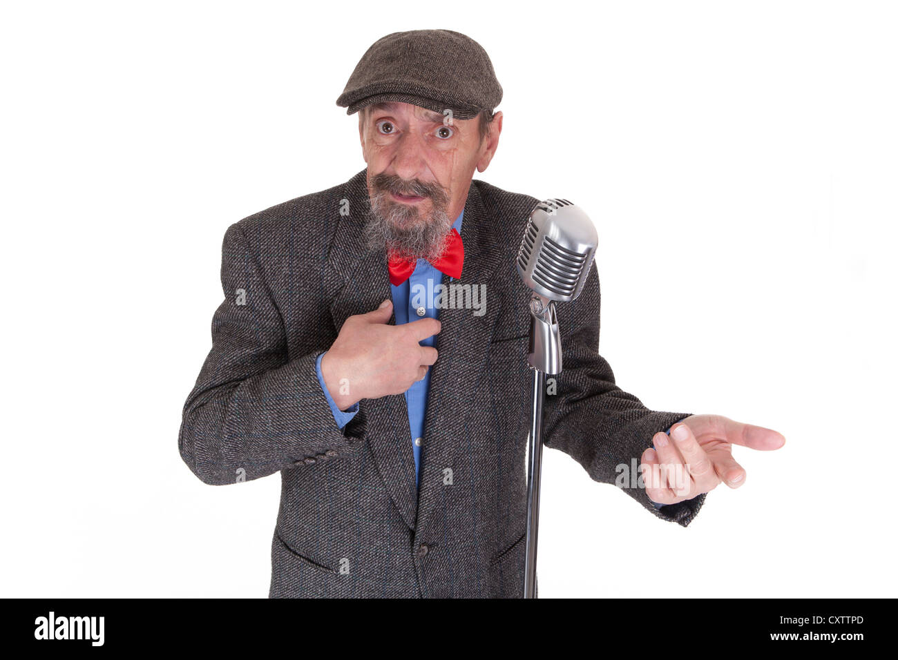 elderly host with microphone isolated on white background Stock Photo ...