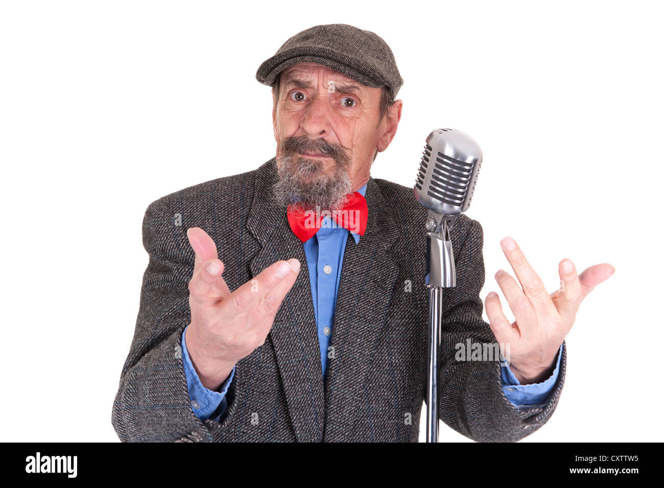 elderly show man holding up hands in an inquiring mode Stock Photo - Alamy