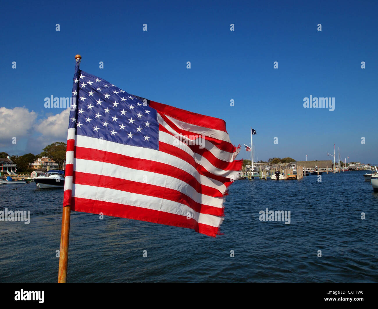 American flag blowing in the breeze, Edgartown, Martha's Vineyard ...