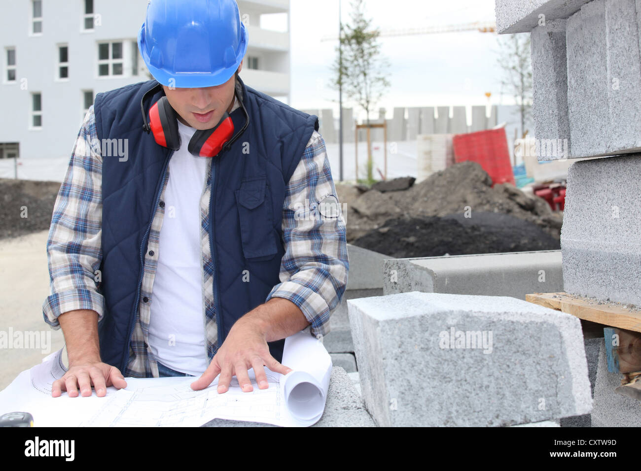 Construction worker checking plans Stock Photo - Alamy