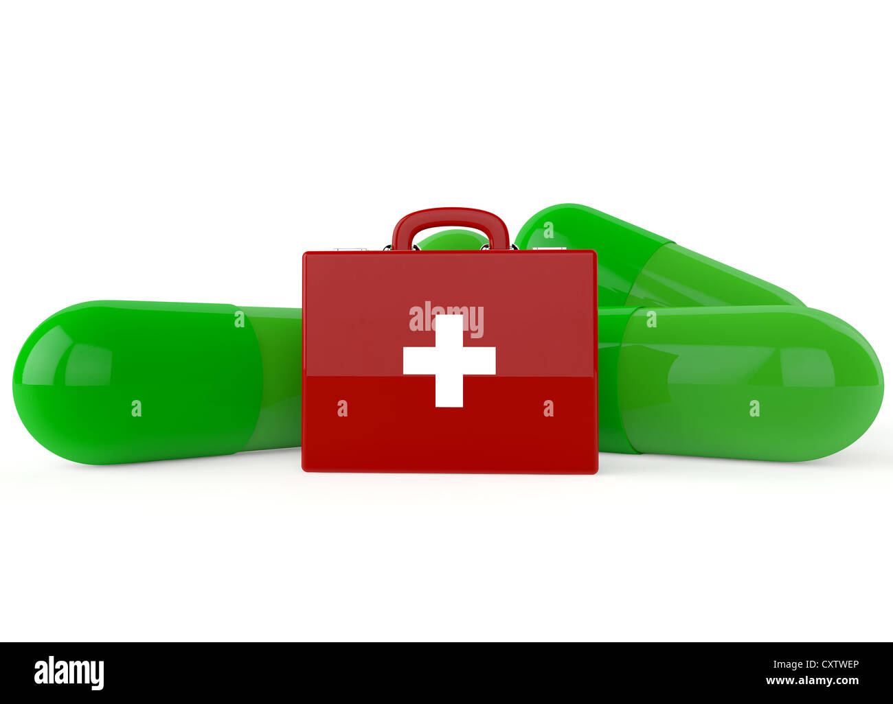Red first aid kit with green capsules on white Stock Photo - Alamy